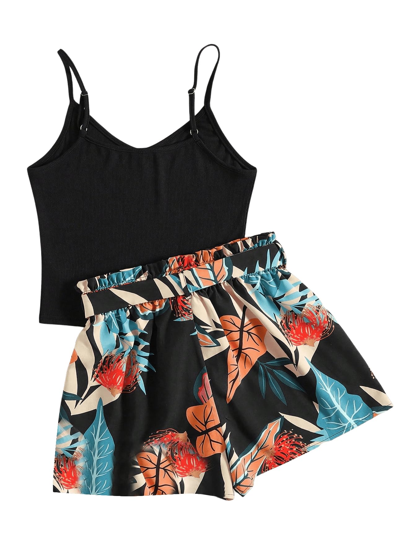 SOLY HUX Women's 2 Piece Outfits Summer Cami Top with Shorts Set Tropical Leaf Black S