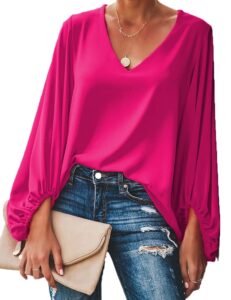 qearal v neck shirts spring women's chiffon blouse dressy shirts flowy hot pink s