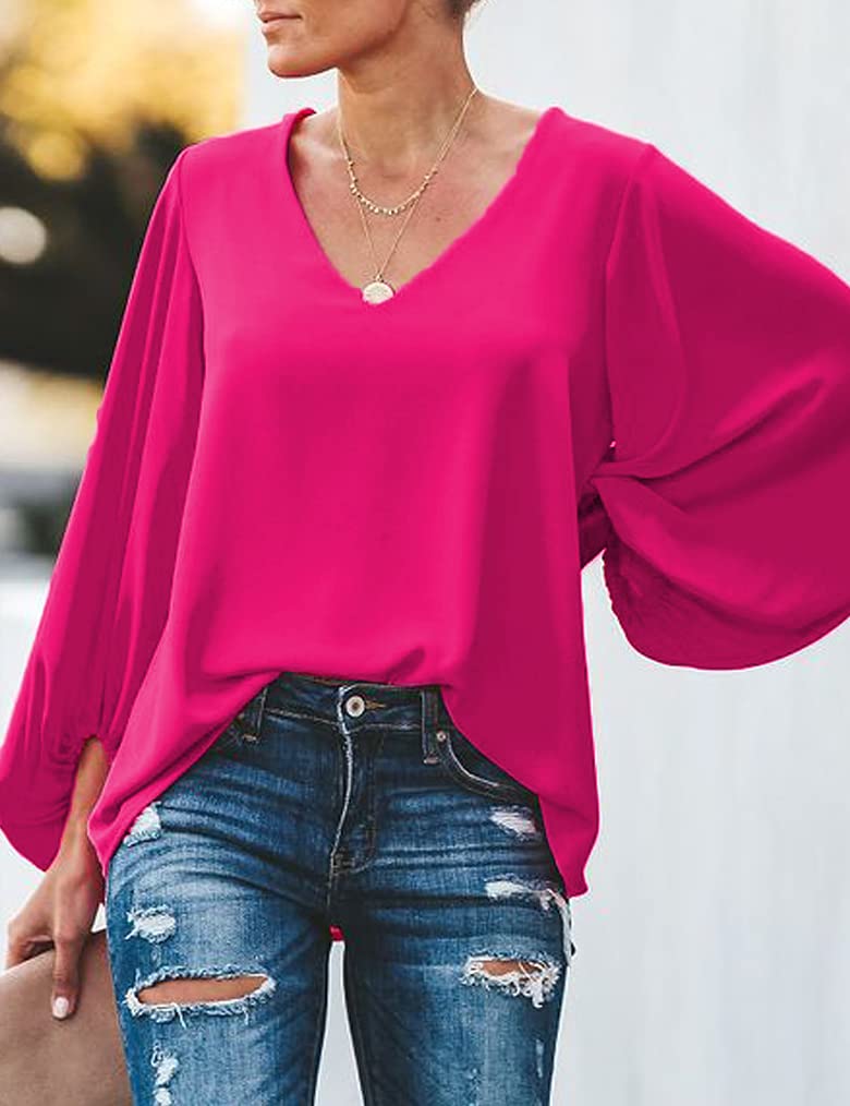 Qearal V Neck Shirts Spring Women's Chiffon Blouse Dressy Shirts Flowy Hot Pink S