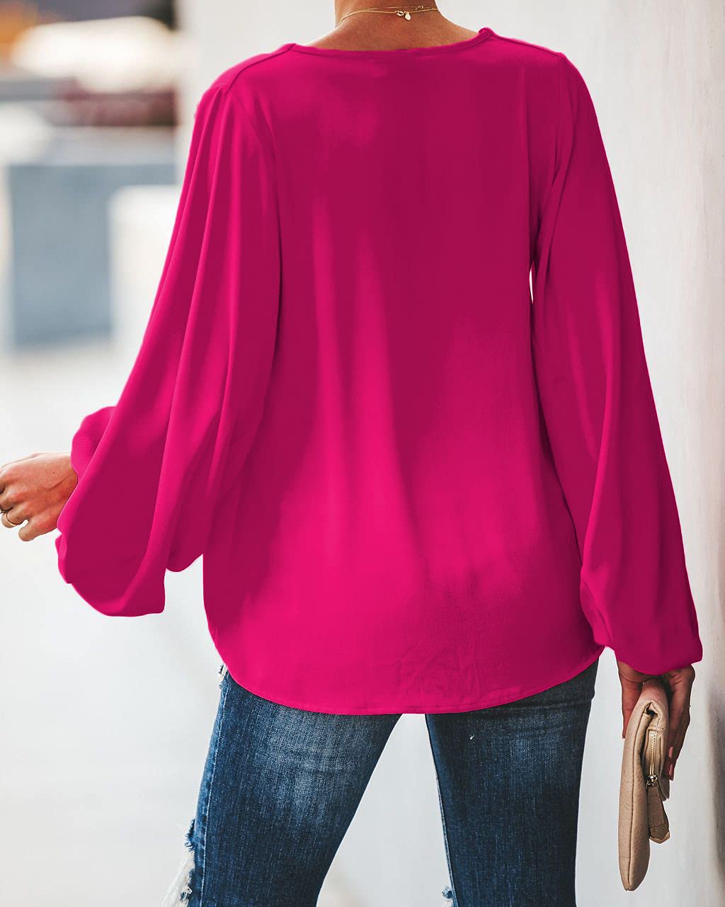 Qearal V Neck Shirts Spring Women's Chiffon Blouse Dressy Shirts Flowy Hot Pink S