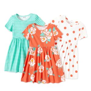 PATPAT Toddler Girl Floral Skater Multipack Dresses 3-Pack Polka Dots Short Sleeve Priness A-line Dress 5-6 Years