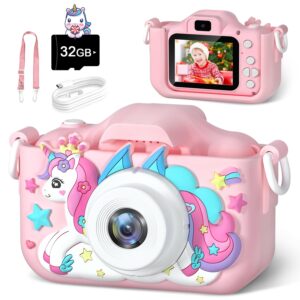 anesky kids camera, toy camera for kids aged 3 4 5 6 7 8 9 10 11 12, 1080p hd toddler digital video camera, children's camera for boys and girls, perfect christmas & birthday gifts, 32gb card - pink