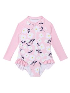 sweatyrocks girl's cute floral print long sleeve mock neck zip front one piece monokini swimsuit blue 6y