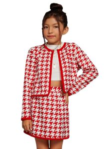 wdirara girl's 2 piece outfits houndstooth zip up half sleeve jacket and a line skirt set red and white 10y