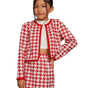 WDIRARA Girl's 2 Piece Outfits Houndstooth Zip Up Half Sleeve Jacket and A Line Skirt Set Red and White 10Y