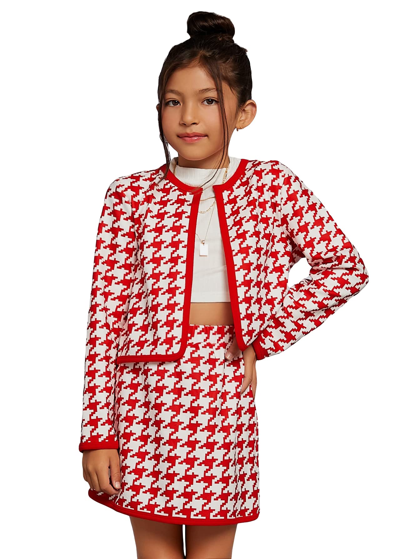 WDIRARA Girl's 2 Piece Outfits Houndstooth Zip Up Half Sleeve Jacket and A Line Skirt Set Red and White 10Y