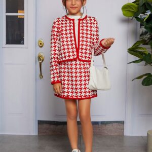 WDIRARA Girl's 2 Piece Outfits Houndstooth Zip Up Half Sleeve Jacket and A Line Skirt Set Red and White 10Y