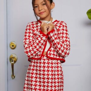 WDIRARA Girl's 2 Piece Outfits Houndstooth Zip Up Half Sleeve Jacket and A Line Skirt Set Red and White 10Y