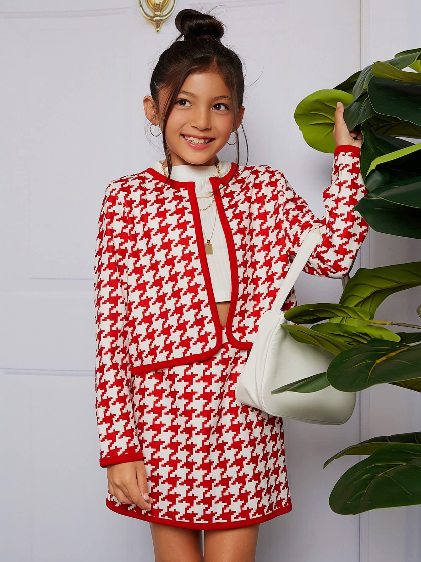 WDIRARA Girl's 2 Piece Outfits Houndstooth Zip Up Half Sleeve Jacket and A Line Skirt Set Red and White 10Y