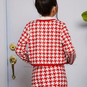 WDIRARA Girl's 2 Piece Outfits Houndstooth Zip Up Half Sleeve Jacket and A Line Skirt Set Red and White 10Y