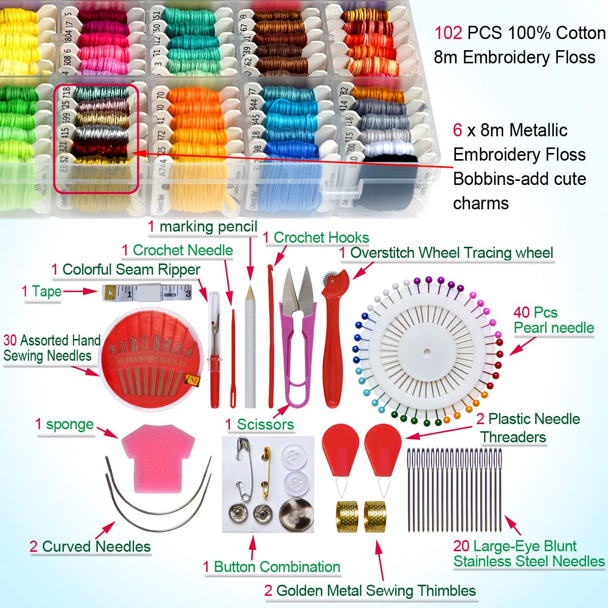 Embroidery Floss Cross Stitch Threads String Kits with Organizer Storage Box Included 108pcs Colorful Friendship Bracelets Floss with Number Stickers&Floss Bobbins &110 Pcs Cross Stitch Tool Kits