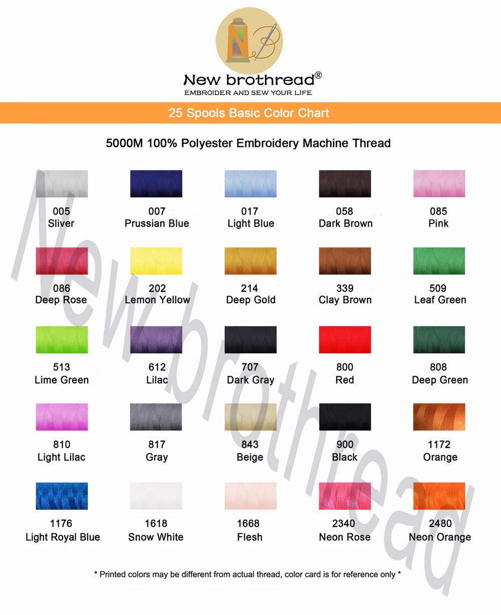 New brothreads - 25 Basic Colors of Huge Spool 5000M Polyester Embroidery Machine Thread for Commercial and Domestic Embroidery Machines