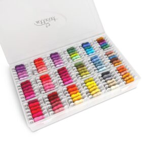 atteret embroidery floss kit 108 colors 99 cotton 9 metallic threads. on plastic bobbins in organizer storage box. dmc color coding. for cross stitch, friendship bracelets, string crafts