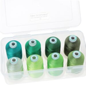 new brothread - 20 options - 8 snap spools of 1000m each polyester embroidery machine thread with clear plastic storage box for embroidery & quilting - different green