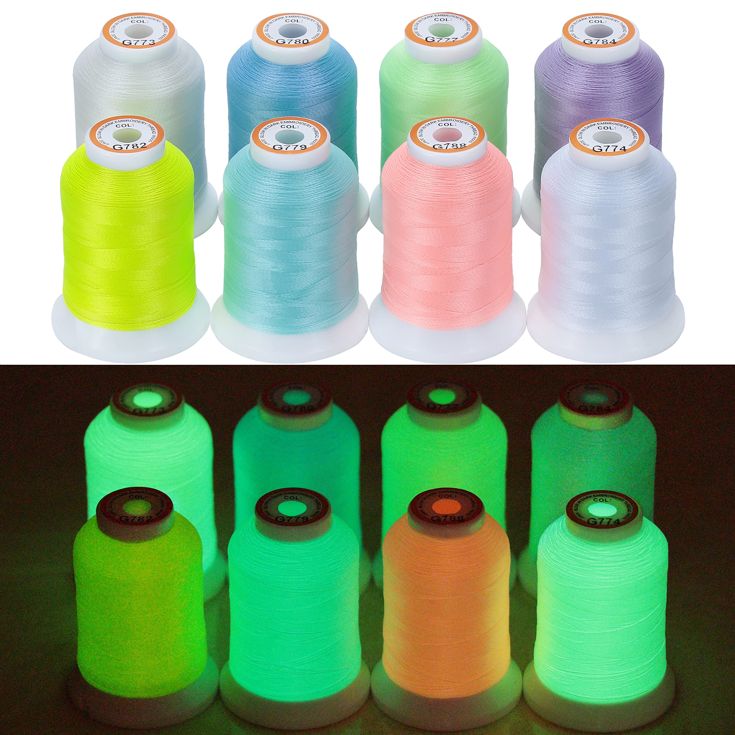 New brothread 8 Colors Luminary Glow in The Dark Embroidery Machine Thread Kit 30WT 500M(550Y) Each Spool for Embroidery, Quilting, Sewing