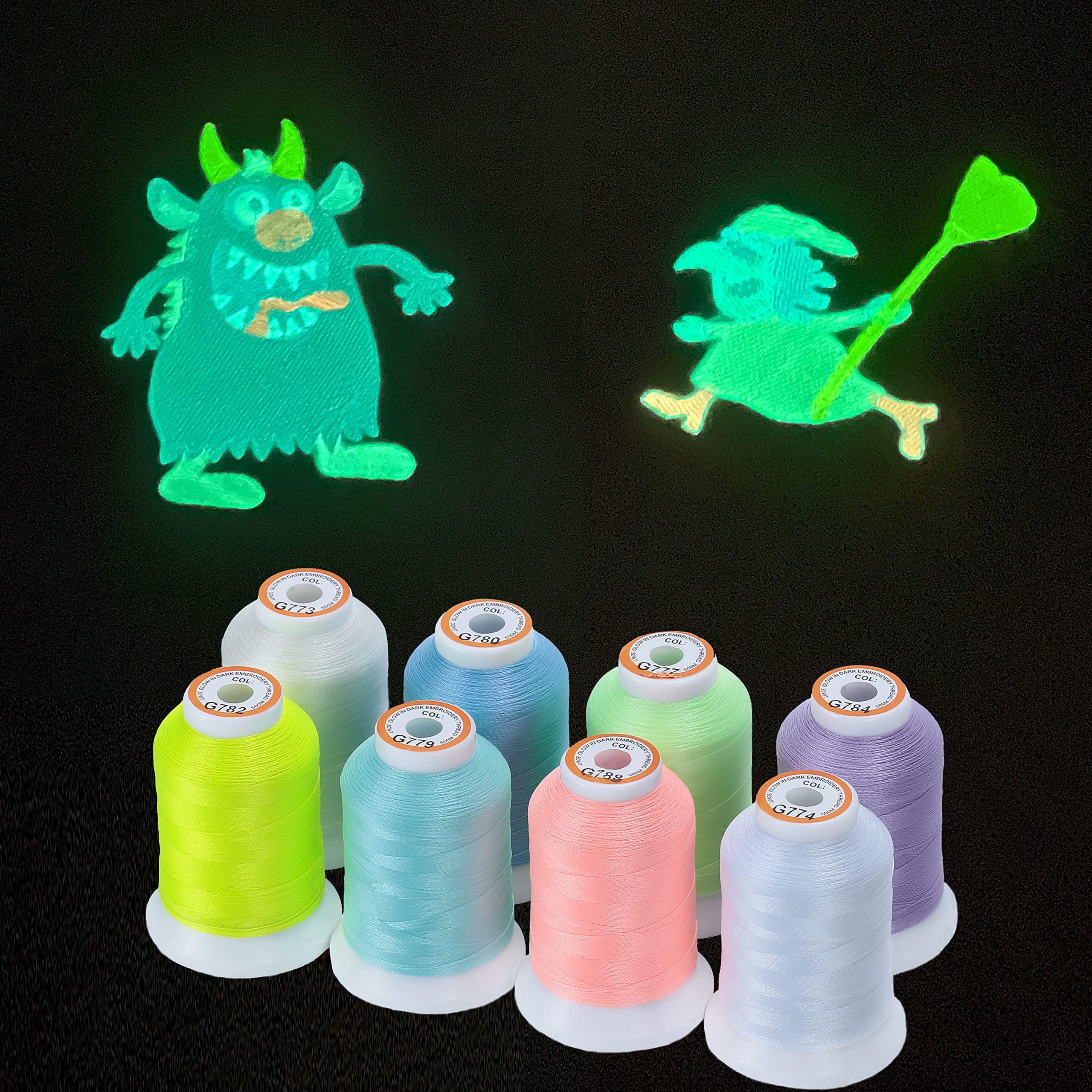 New brothread 8 Colors Luminary Glow in The Dark Embroidery Machine Thread Kit 30WT 500M(550Y) Each Spool for Embroidery, Quilting, Sewing