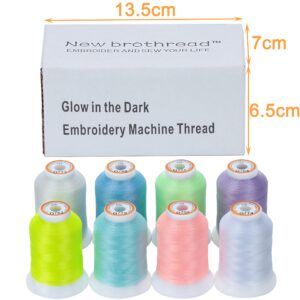 New brothread 8 Colors Luminary Glow in The Dark Embroidery Machine Thread Kit 30WT 500M(550Y) Each Spool for Embroidery, Quilting, Sewing