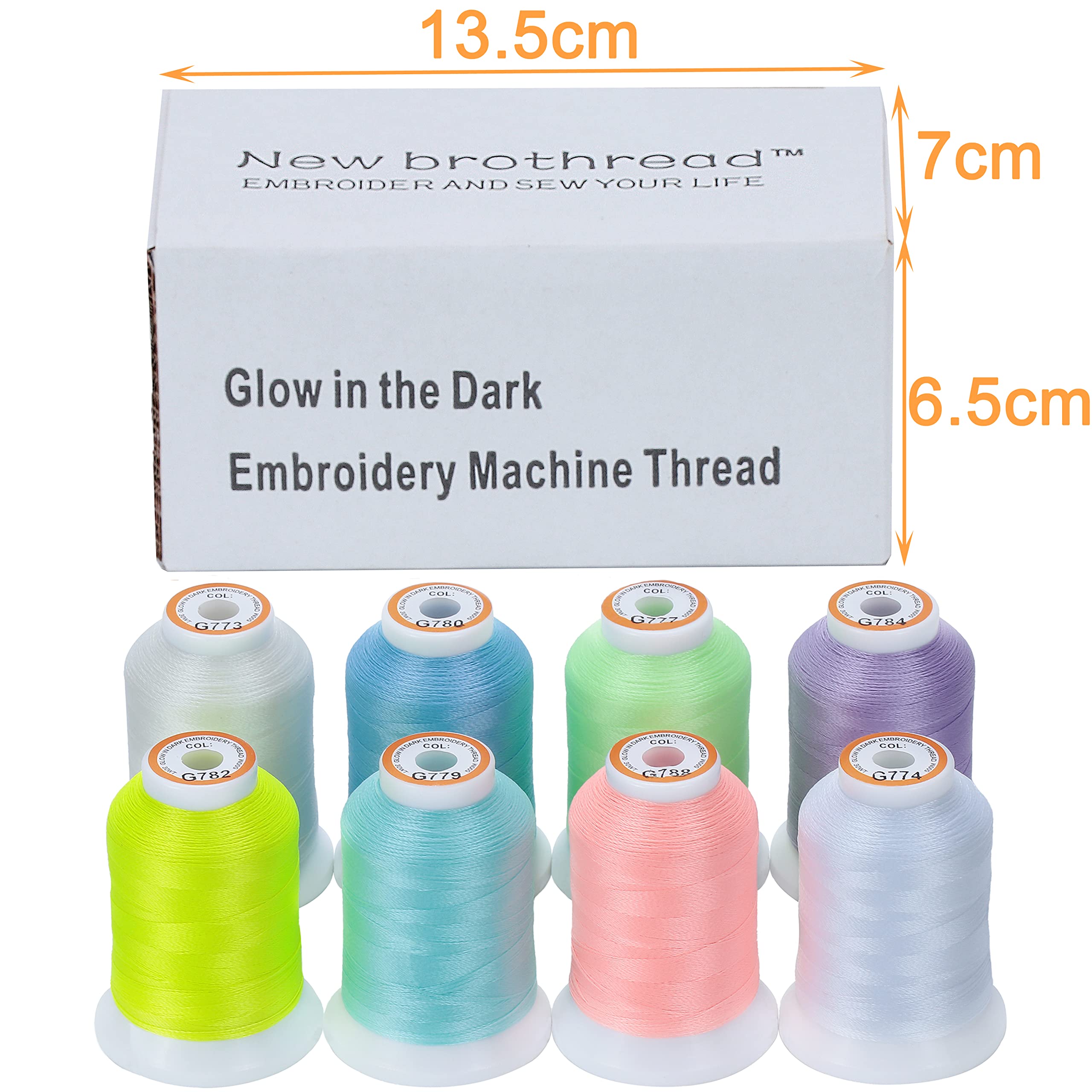 New brothread 8 Colors Luminary Glow in The Dark Embroidery Machine Thread Kit 30WT 500M(550Y) Each Spool for Embroidery, Quilting, Sewing