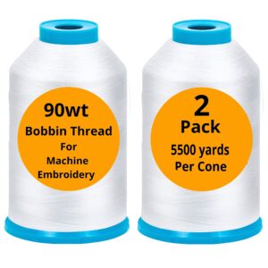 2-pack premium 90 wt machine embroidery bobbin thread white - set of 2 x-large huge polyester cones 5500 yards each spool lint free white thread - compatible with all embroidery and sewing machines