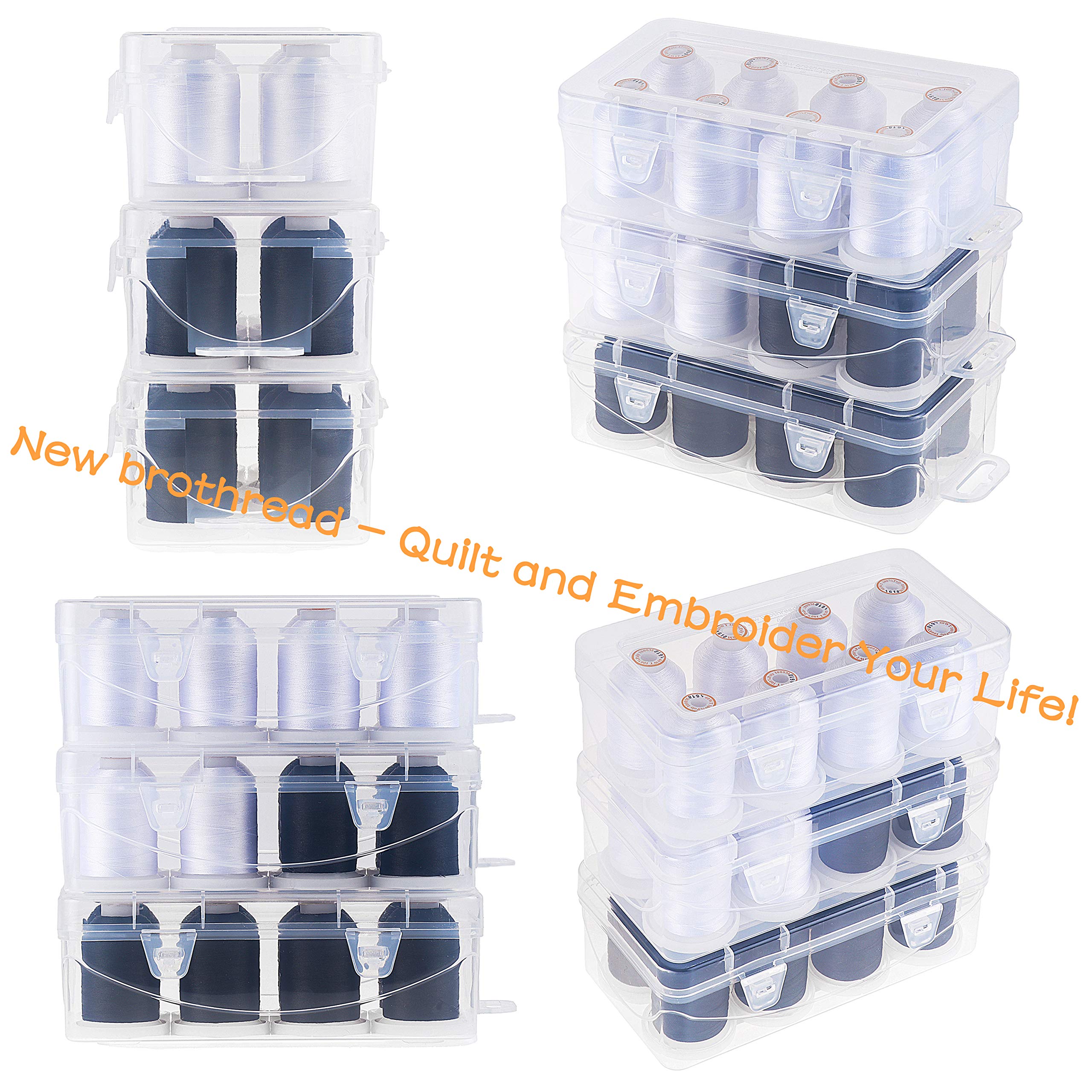 New brothread Polyester Embroidery Machine Thread 1000m Each with Clear Plastic Storage Box for Embroidery & Quilting - 4xSnow White+4xBlack