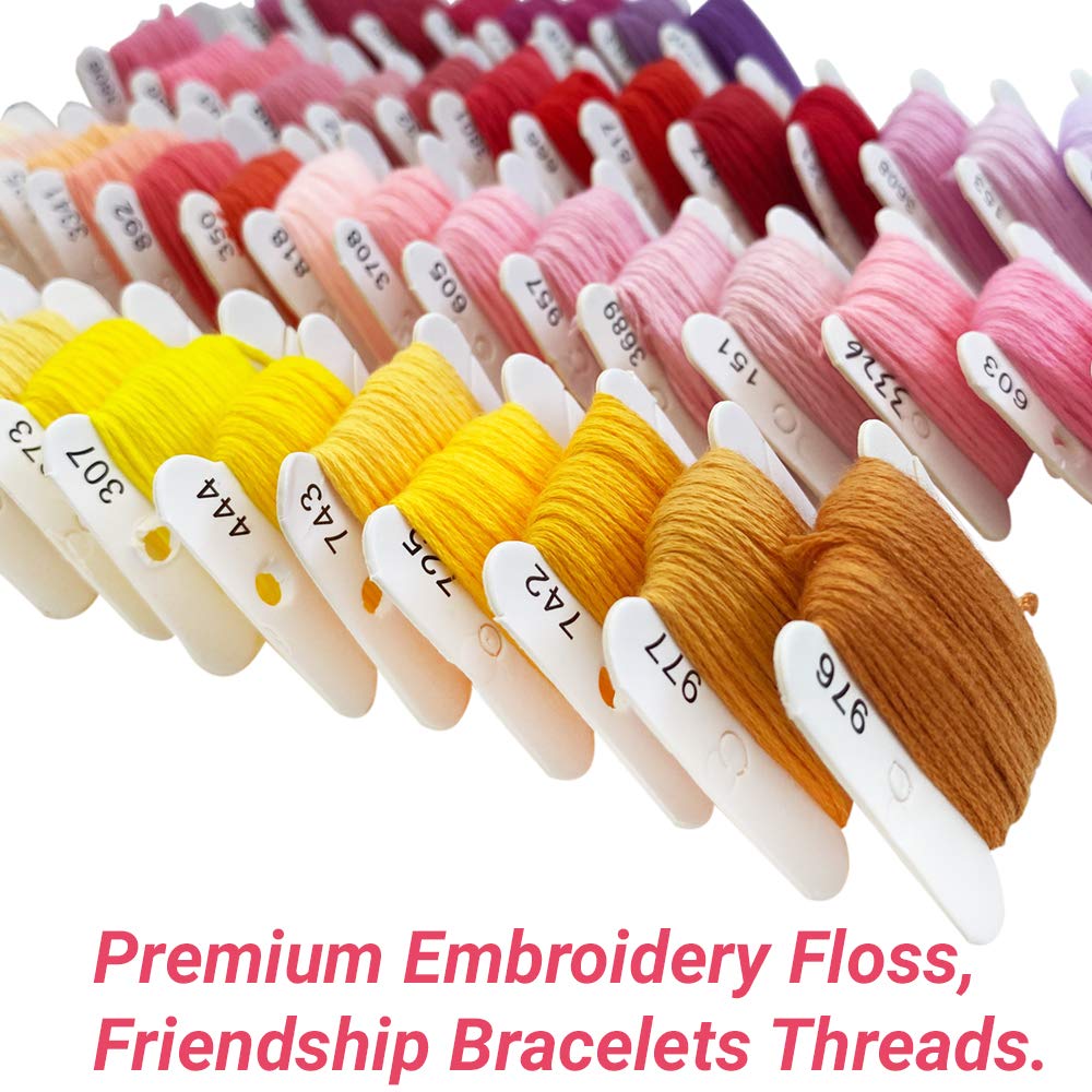 Embroidery Floss,52 Rainbow Colors Hand Embroidery Thread on Bobbins,Friendship Bracelet String,Cross Stitch Supplies,Threads for Bracelets Making,Craft Strings Kit,Beginners Yarn Kits