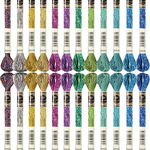 24 Pieces Metallic Embroidery Floss Multicolor Embroidery Skein Threads Glitter Embroidery Thread Cross Stitch Polyester Thread for Friendship Bracelets DIY Embroidery Thread Crafts