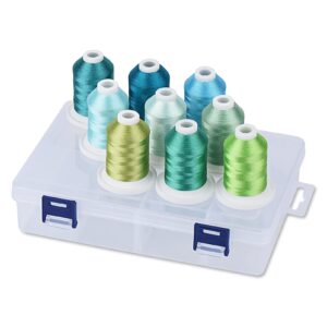 simthread embroidery thread with storage box - 12 options - 800 yards/spools, 9 turquoise and mint green colors for embroidery and sewing machine