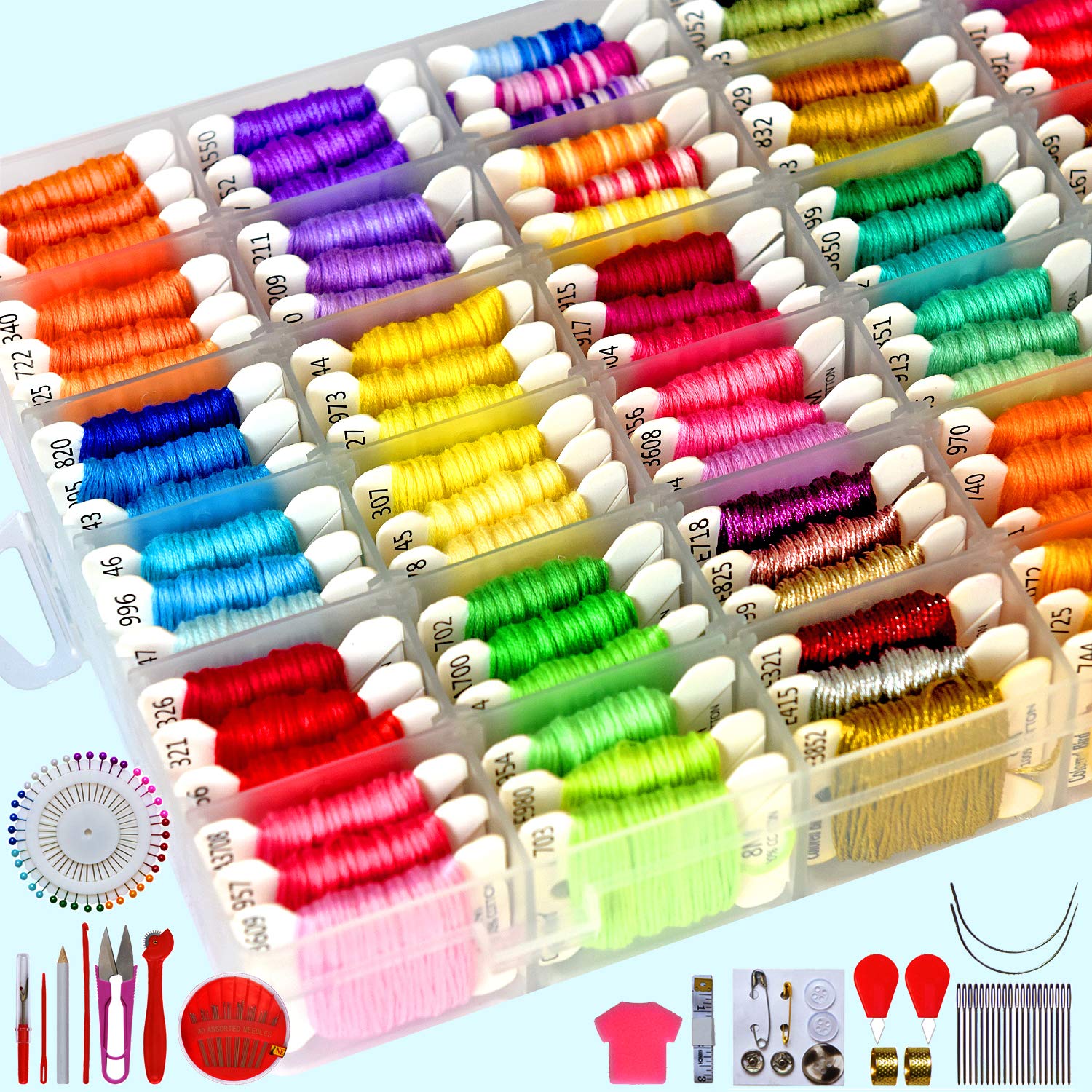 218pcs+ Embroidery Floss Cross Stitch Threads,Bracelet String Kit with Organizer Storage Box-Included 110pcs Friendship Bracelet Craft Floss,100pcs More Cross Stitch Tools Embroidery Kit for beginners