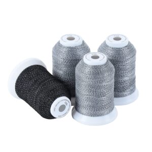 new brothread 4 spools reflective embroidery machine thread (3 white +1 black) 30wt 500m(550y) each spool for embroidery, quilting and sewing