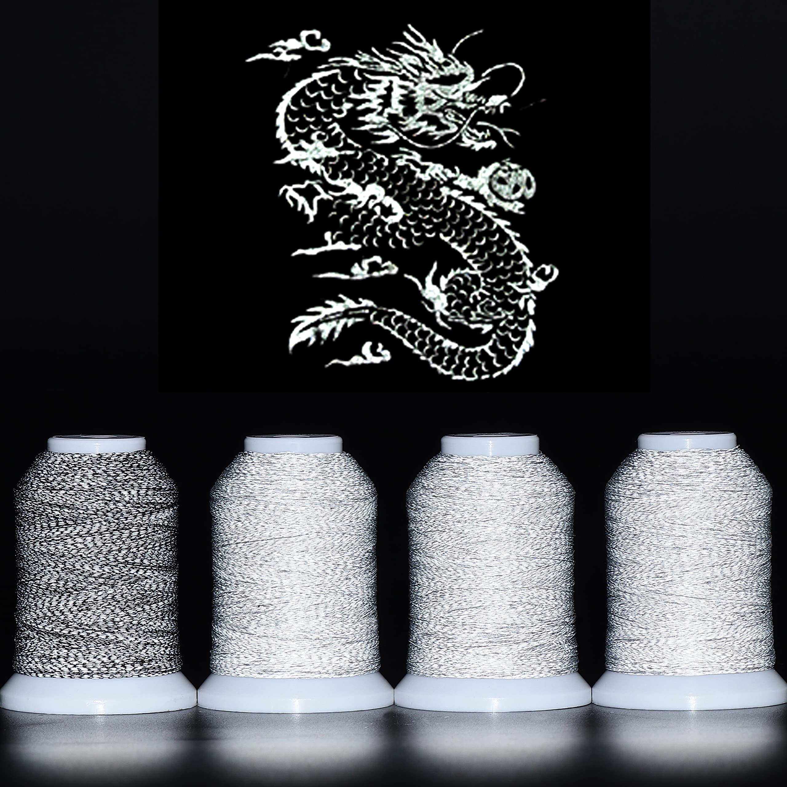 New brothread 4 Spools Reflective Embroidery Machine Thread (3 White +1 Black) 30WT 500M(550Y) Each Spool for Embroidery, Quilting and Sewing