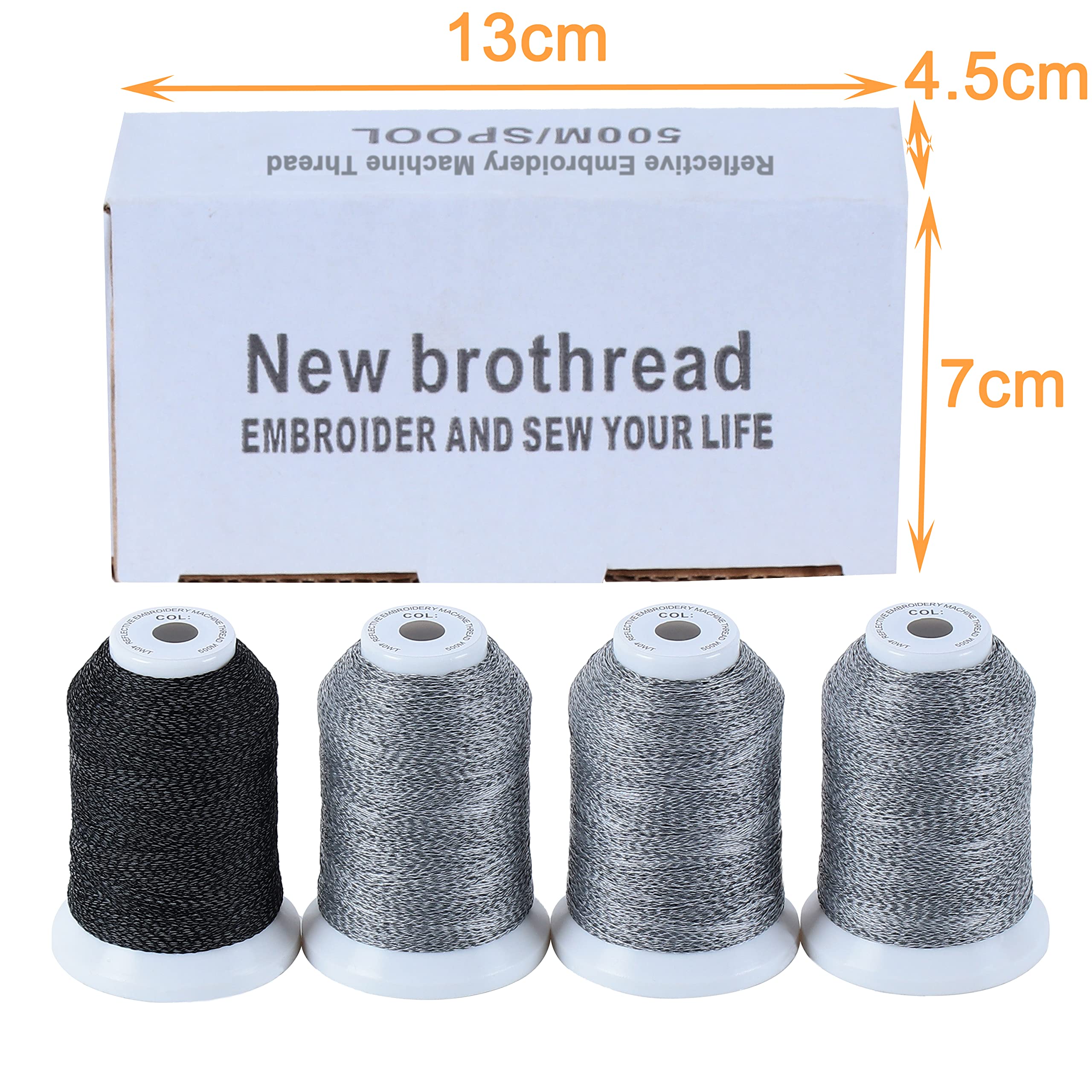 New brothread 4 Spools Reflective Embroidery Machine Thread (3 White +1 Black) 30WT 500M(550Y) Each Spool for Embroidery, Quilting and Sewing