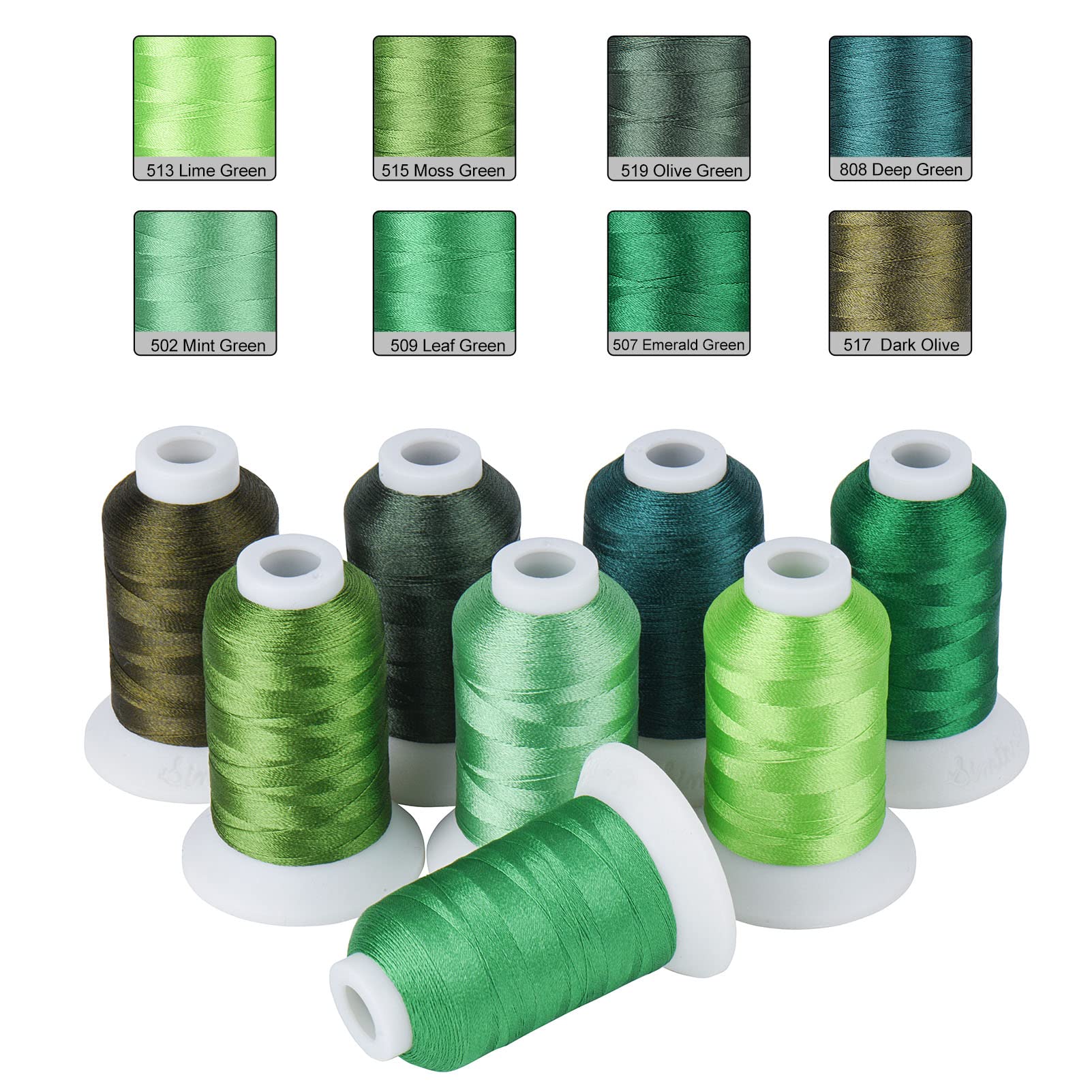 Simthread Green Embroidery Thread 8 Brother Colors 550Yards, 40wt 100% Polyester for Brother, Babylock, Janome, Singer, Pfaff, Husqvarna, Bernina Machine