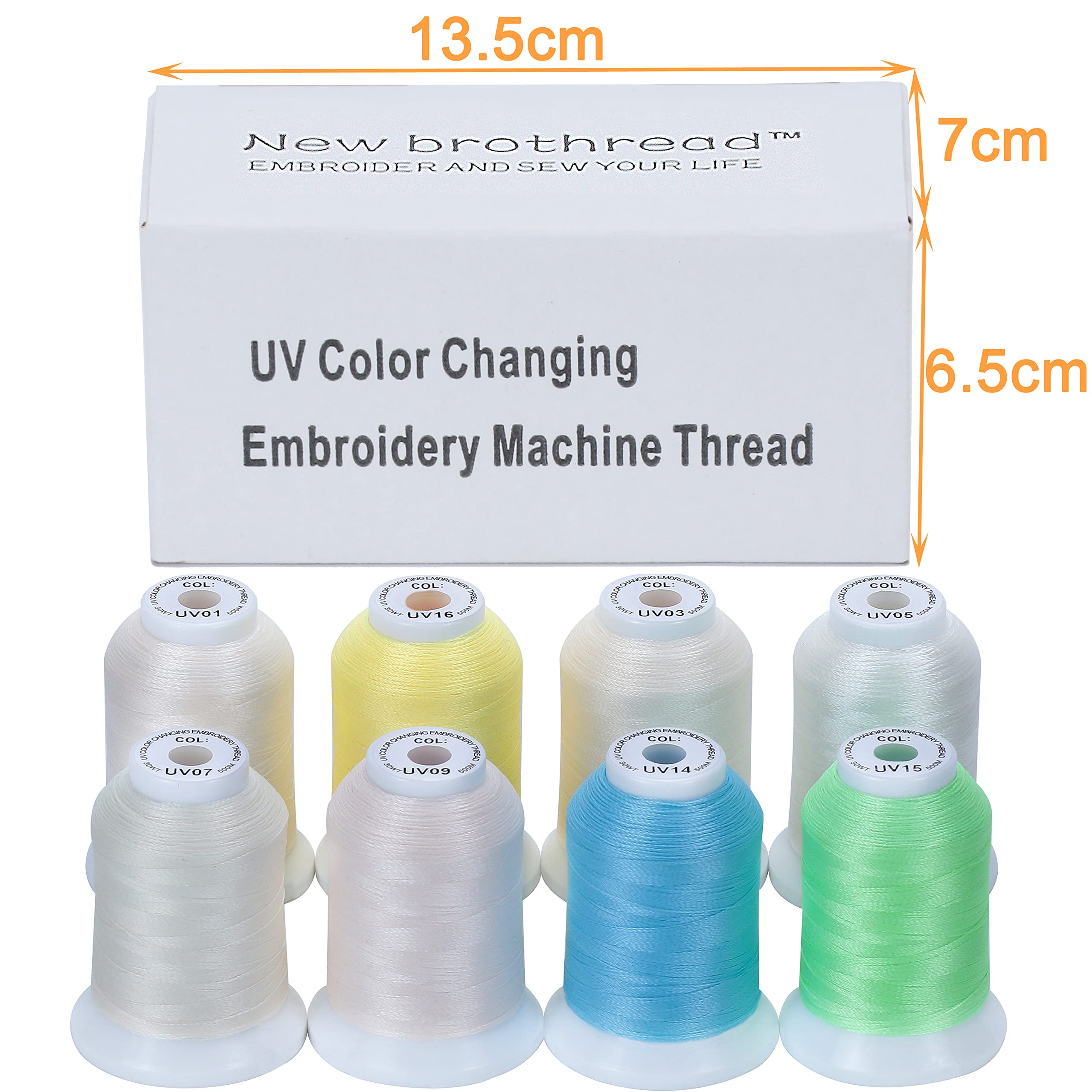 New brothread 8 Spools UV Color Changing Embroidery Machine Thread Kit 30WT 500M(550Y) Each Spool for Embroidery, Quilting, Sewing