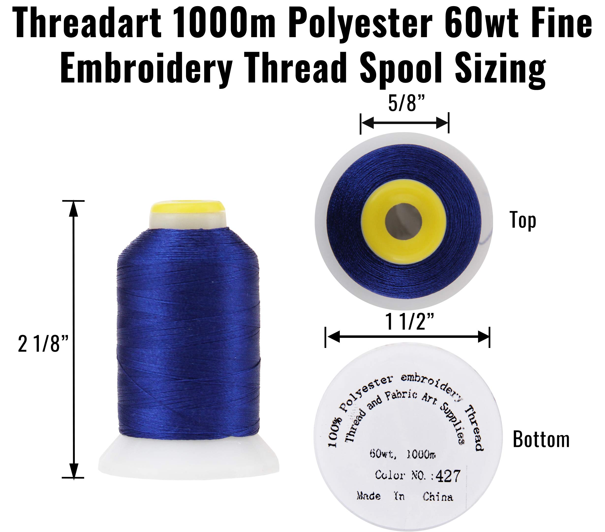 Threadart 60 Weight Micro Embroidery Thread | Fine Line Lettering & Bobbin Thread | 1000m Spools - 30 Colors Available - Black