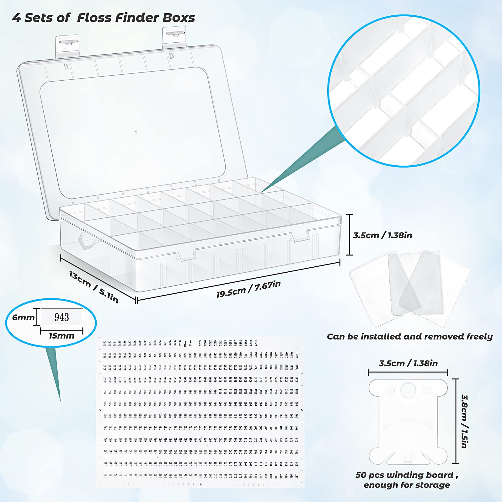 Queekay Embroidery Floss Organizer Box Set, Includes Compartments Floss Cross Stitch Organizer Box, Plastic Floss Bobbins and 1790 Floss Number Stickers for Thread Sewing, 4 Sets (50, 24 Grids)