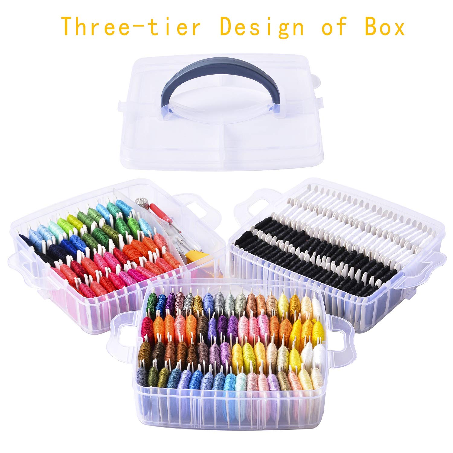 Peirich 201 Pack Embroidery Floss Kit, Includes Embroidery Threads 3-Tier Organizer Box Embroidery Kits for Friendship Bracelets Cross stitch DIY Floss Craft, Gift for Halloween Christmas Mother's Day