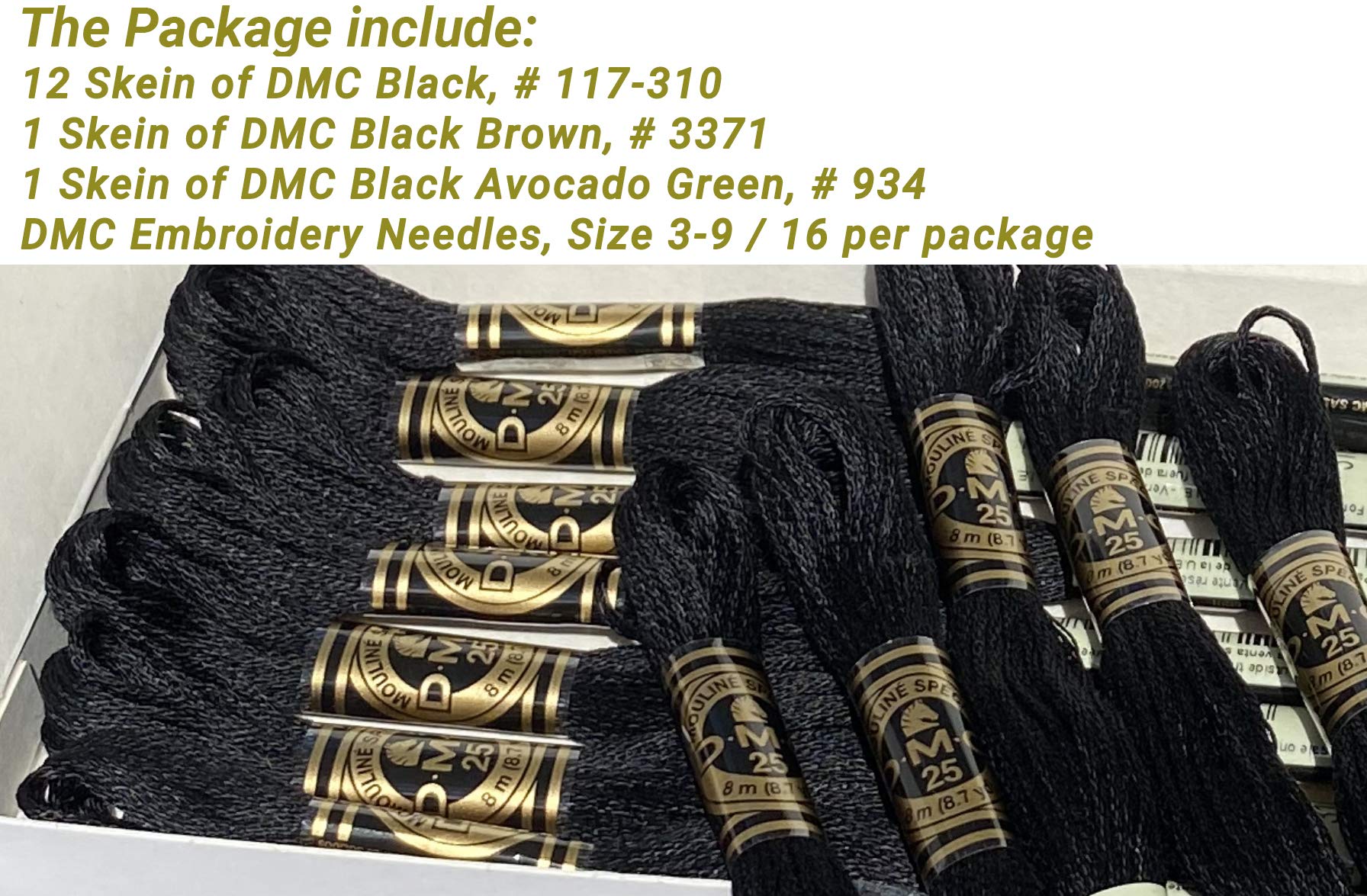 Charming Melodie Black Embroidery Floss, 6 Strand Cotton Yarn, 12/Pack, Includes Black-Brown #3371, Hand Needles, Cross Stitch