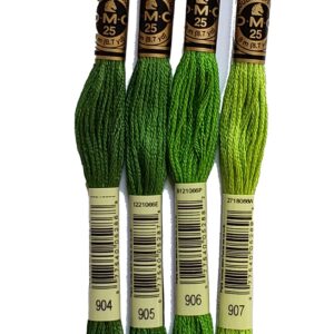 DMC 6-Strand Embroidery Cotton Bundle - Parrot Green Color Family -4 Skeins of Thread - 8.7yd Skeins