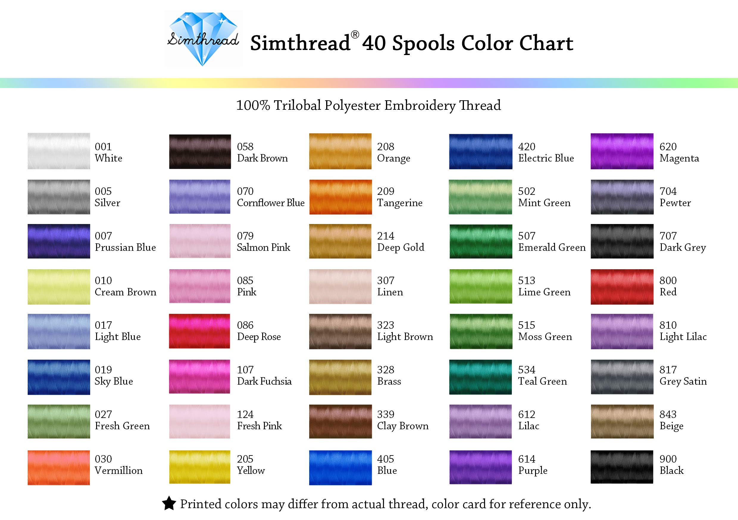 Simthread Embroidery Machine Thread 550 Yards 40 Brother Colors and 2 Metallic Thread Gold&Silver Colors for Embroidery and Sewing