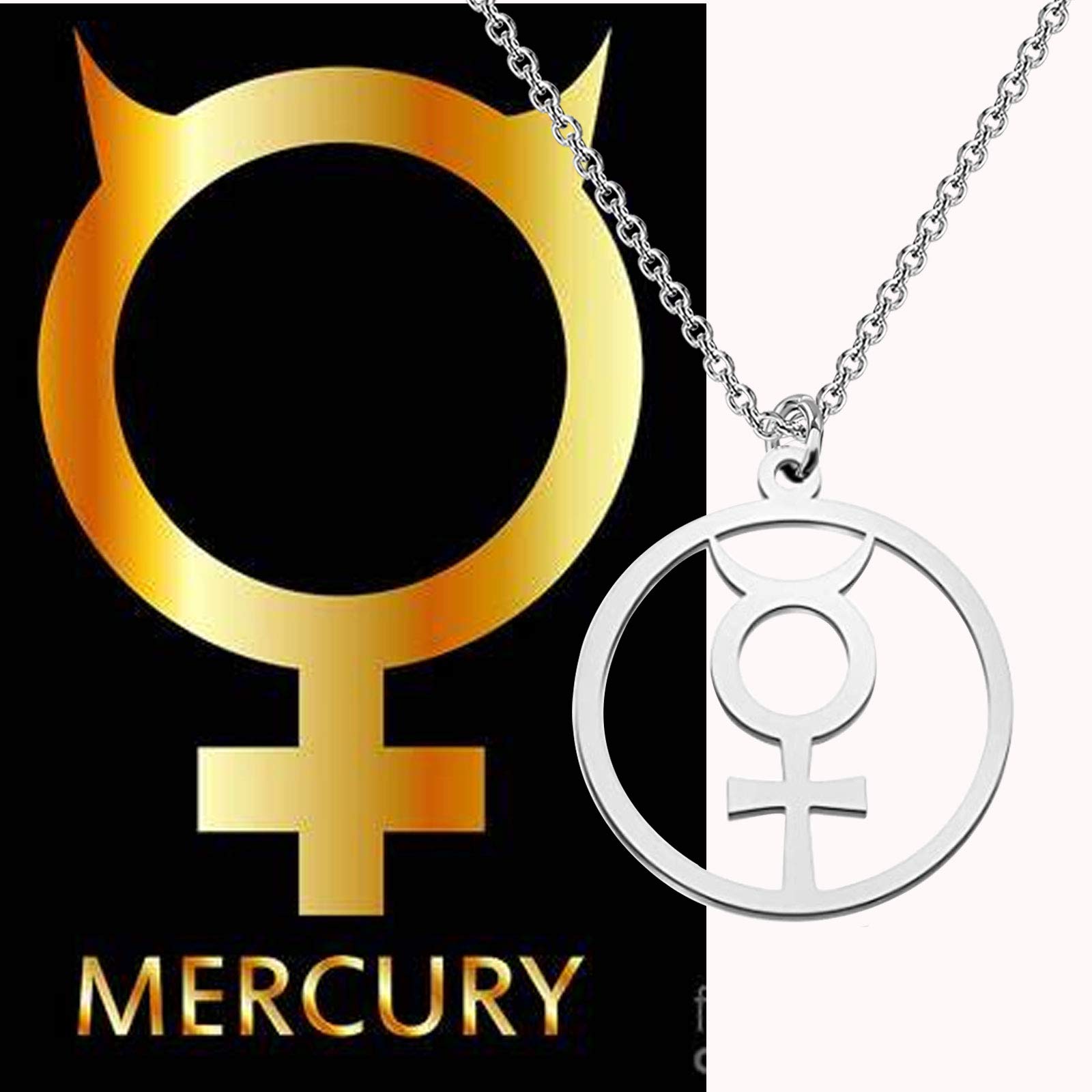 CENWA Mercury Pendant Alchemical Symbol Stainless Steel Necklace Mercury Symbol Jewelry Astrological Symbol Jewelry (Mercury N s)