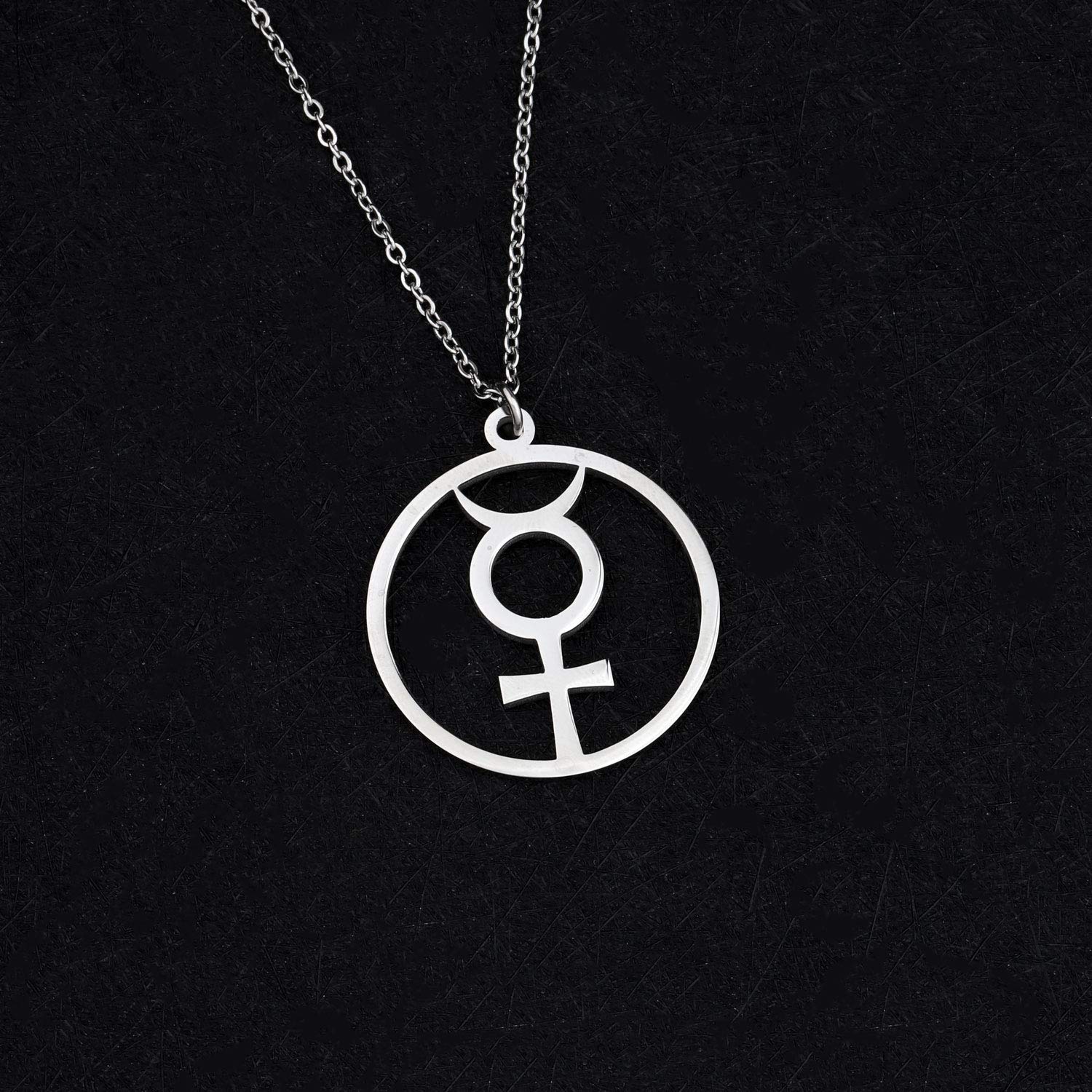 CENWA Mercury Pendant Alchemical Symbol Stainless Steel Necklace Mercury Symbol Jewelry Astrological Symbol Jewelry (Mercury N s)