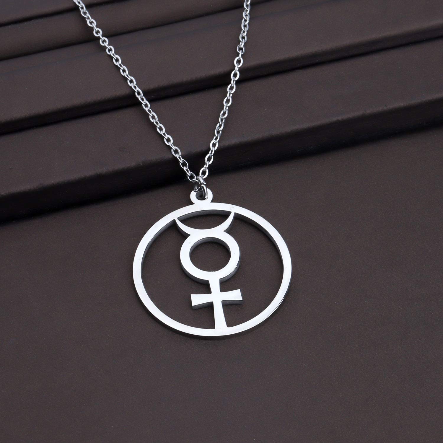 CENWA Mercury Pendant Alchemical Symbol Stainless Steel Necklace Mercury Symbol Jewelry Astrological Symbol Jewelry (Mercury N s)