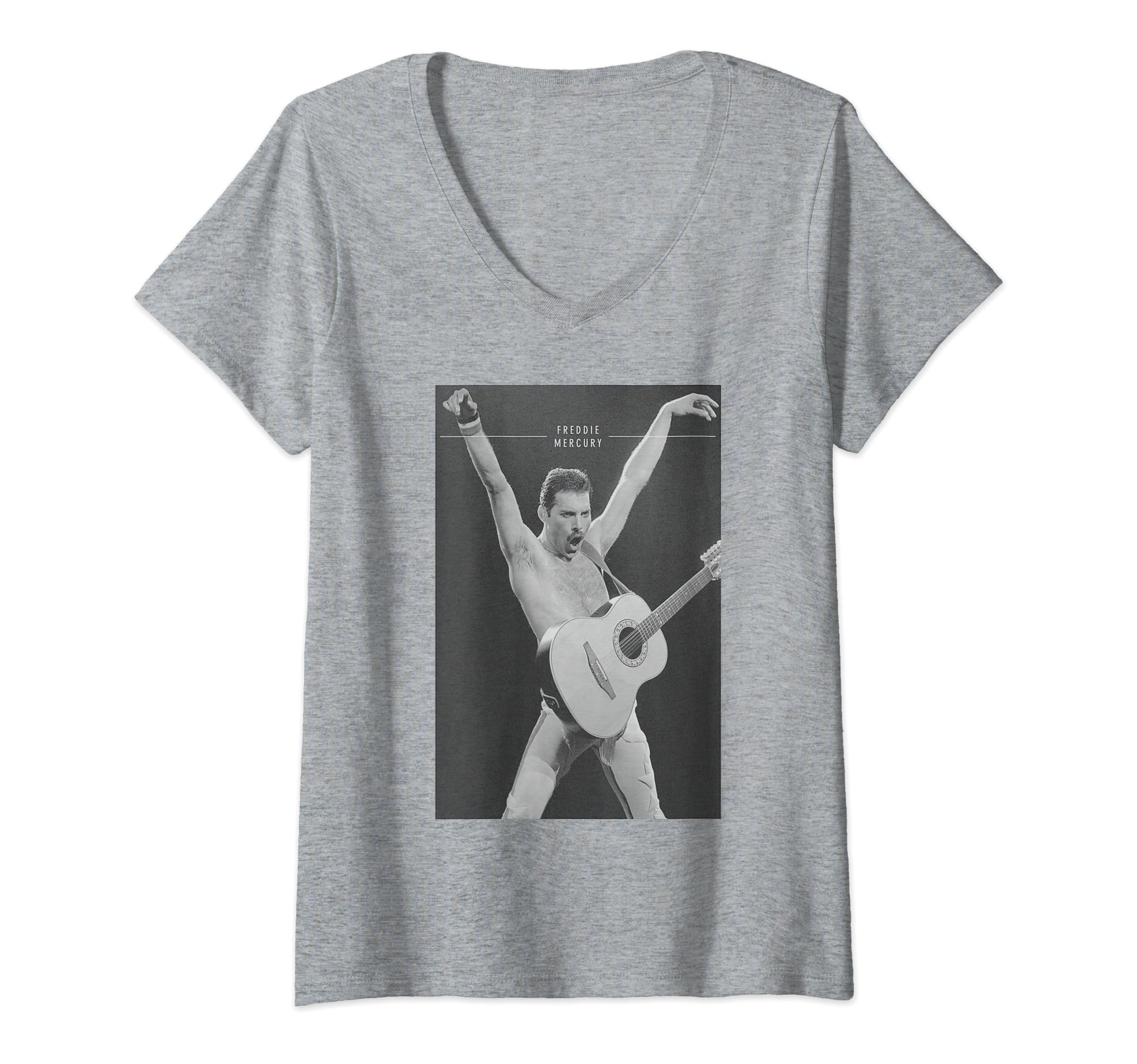 Womens Freddie Mercury Official Live Arms Guitar V-Neck T-Shirt