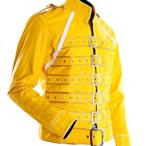 Freddie Concert Queen Yellow Synthetic Jacket Mercury Mens Pop Rock Star Concert Belted Costume 80s Rock Legend Costume Adults Lead Singer Yellow Jacket Outfit