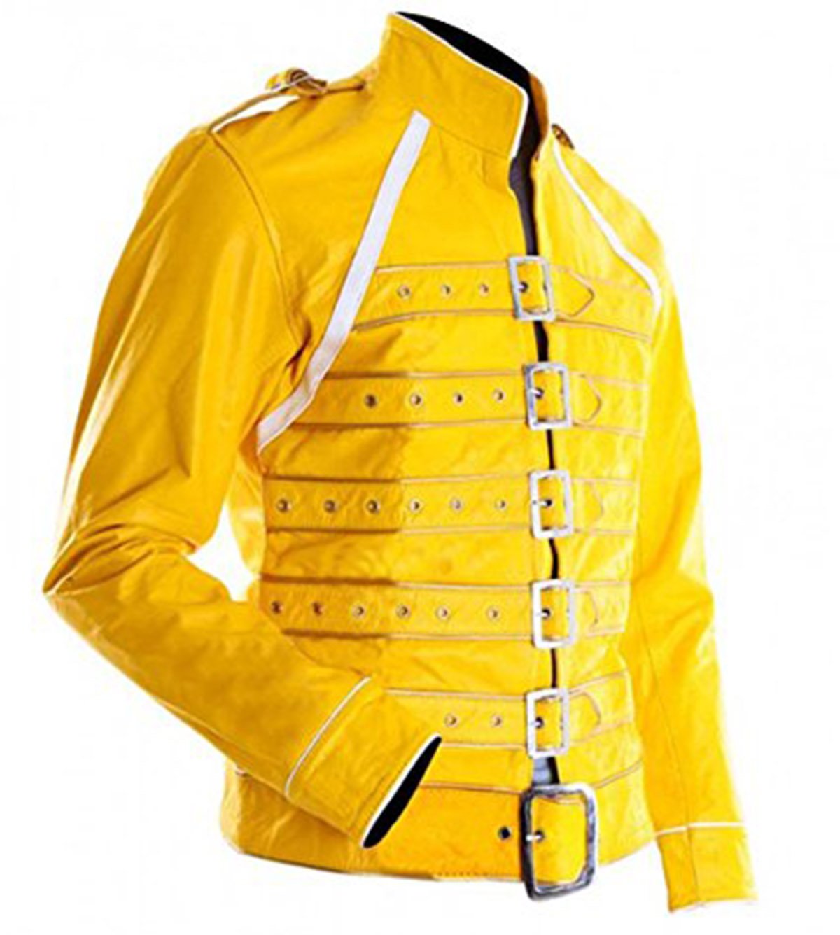 Freddie Concert Queen Yellow Synthetic Jacket Mercury Mens Pop Rock Star Concert Belted Costume 80s Rock Legend Costume Adults Lead Singer Yellow Jacket Outfit