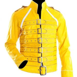 Freddie Concert Queen Yellow Synthetic Jacket Mercury Mens Pop Rock Star Concert Belted Costume 80s Rock Legend Costume Adults Lead Singer Yellow Jacket Outfit