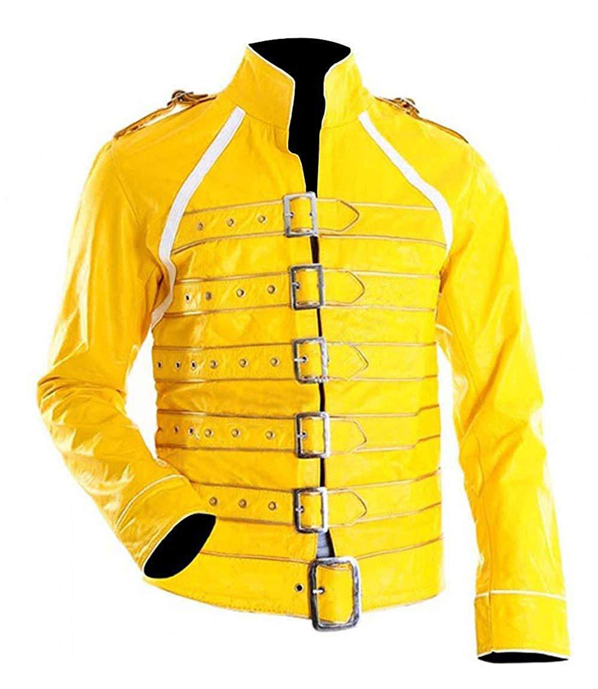 Freddie Concert Queen Yellow Synthetic Jacket Mercury Mens Pop Rock Star Concert Belted Costume 80s Rock Legend Costume Adults Lead Singer Yellow Jacket Outfit