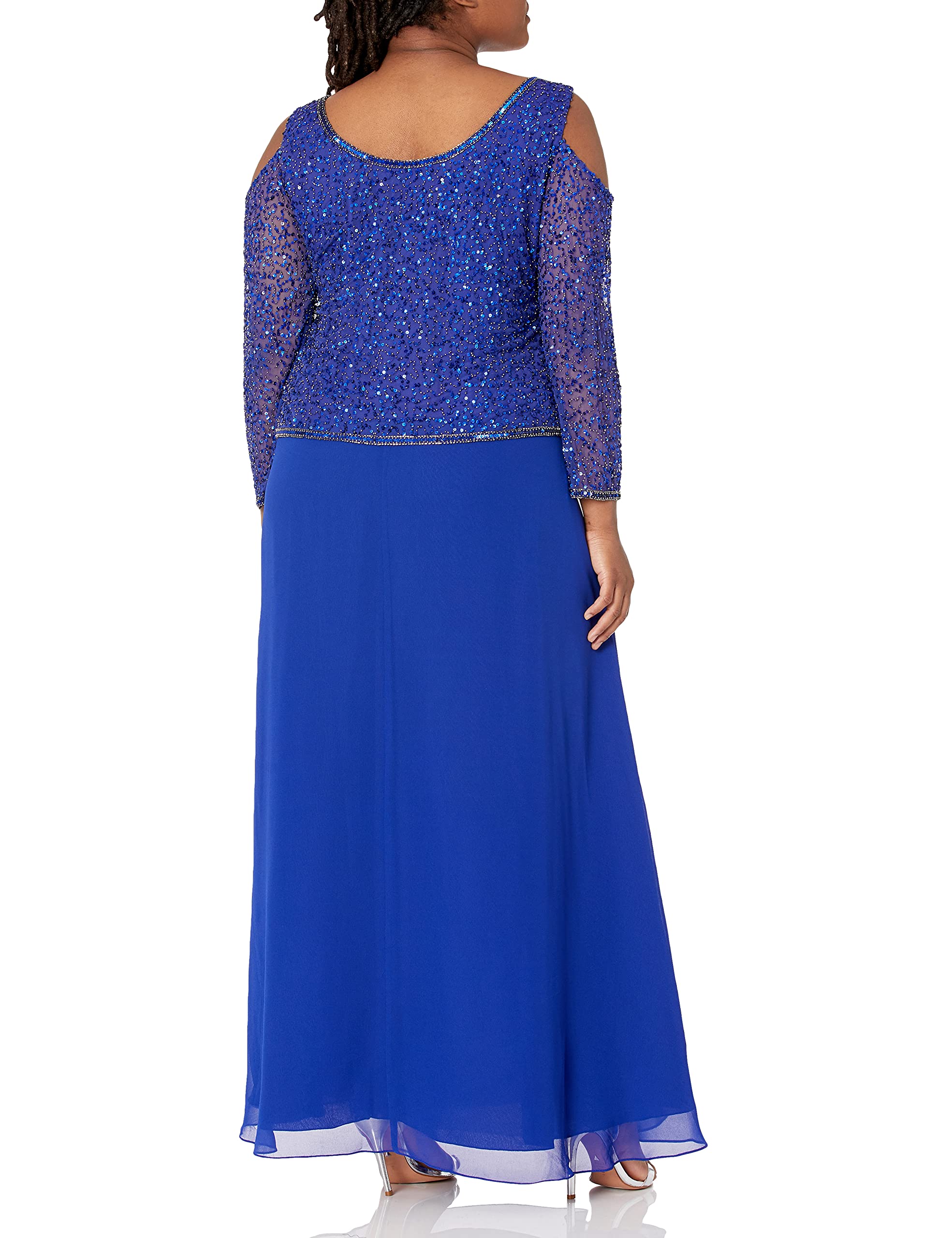 J Kara Women's Cold Shoulder Beaded Gown, Royal/Mercury, 16