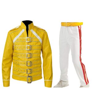 chicago-fashions mens freddie concert belted motorcycle yellow faux leather mercury costume, freddie mercury jacket, medium