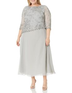 j kara women's plus size sheer sleeve floral beaded long dress, silver/mercury/silver, 18w